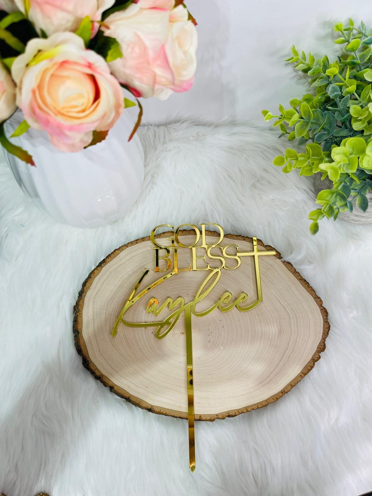 Custom God Bless Cake Topper With Name, Gold Mirror Acrylic Cake Topper ...