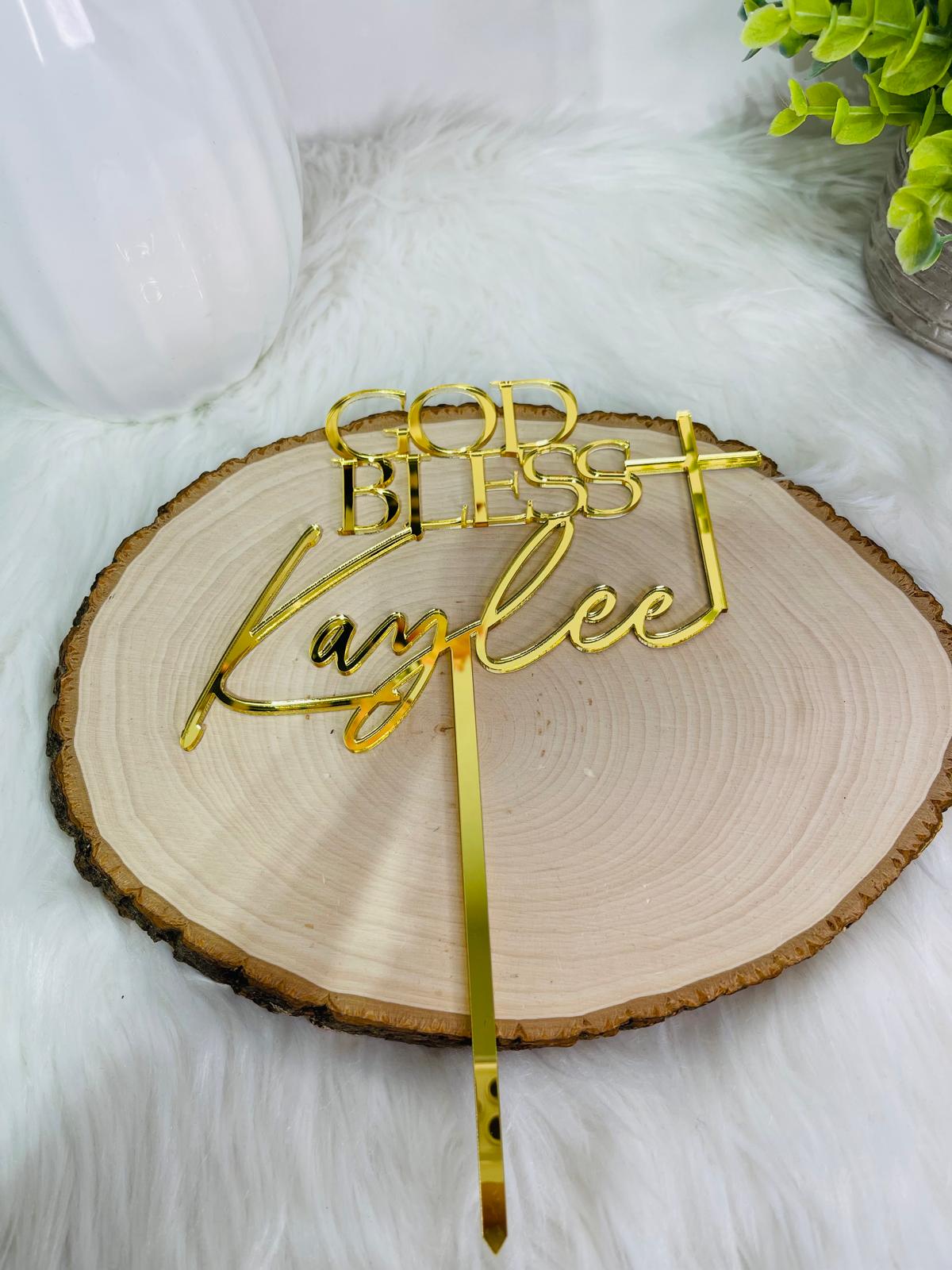 Custom God Bless Cake Topper With Name, Gold Mirror Acrylic Cake Topper ...