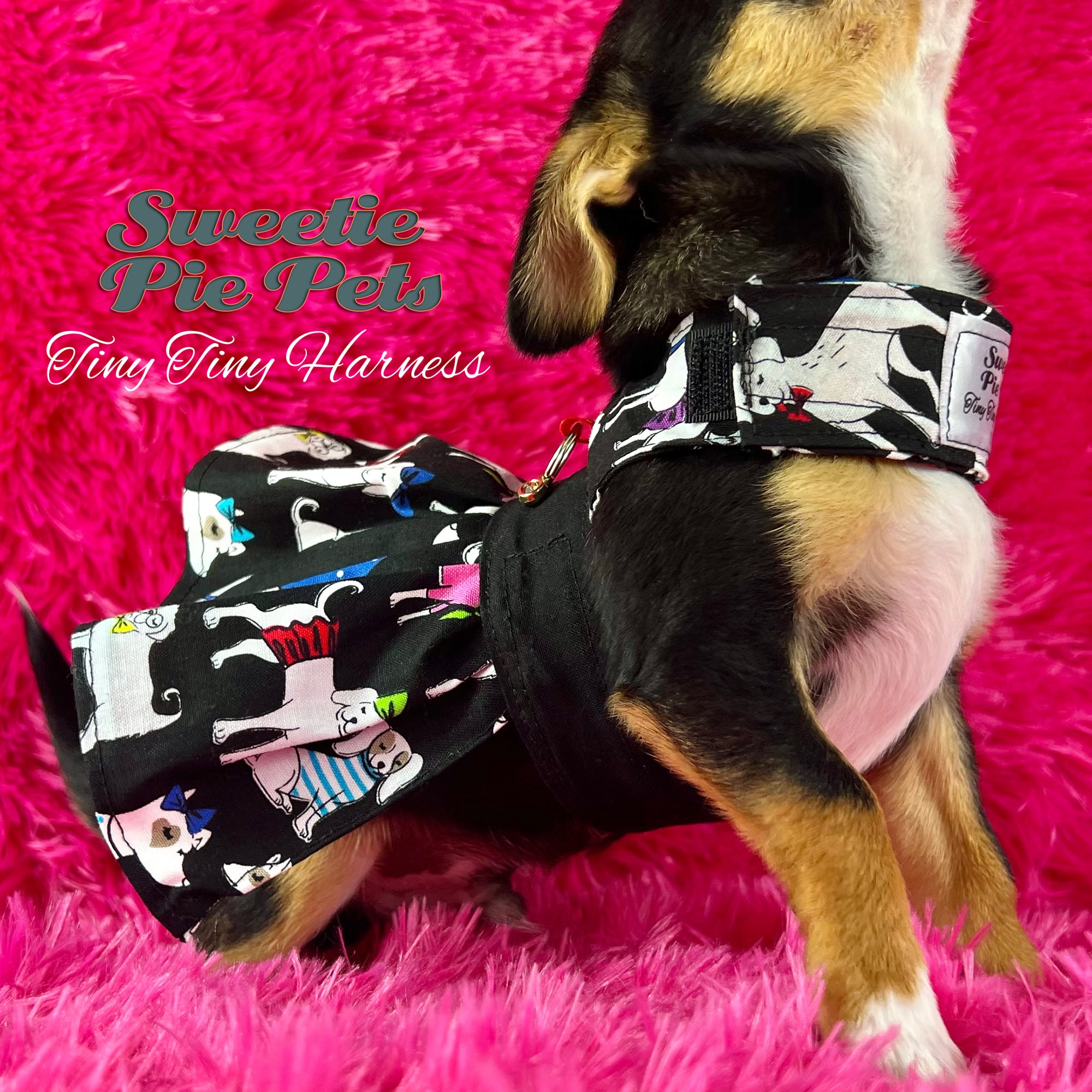 Tiny Tiny Dog Harness Dress: Colorful Dogs on Black - Etsy