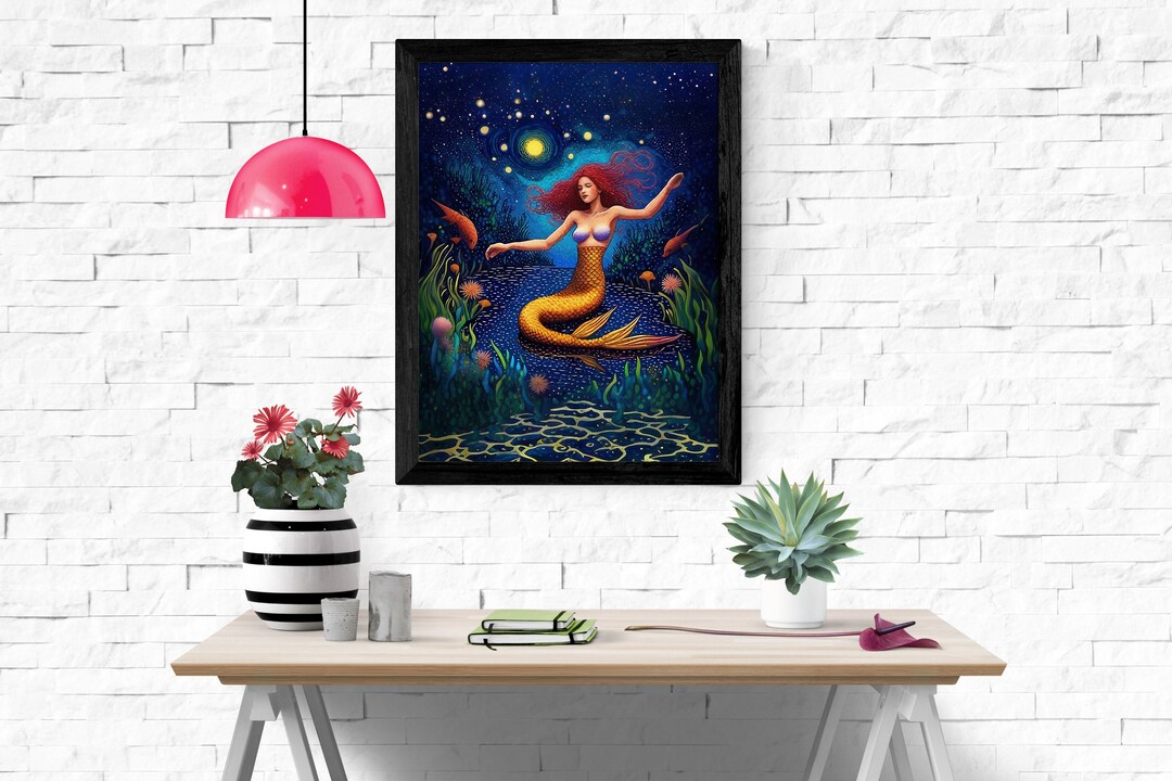 Starry Night Mermaid Illustration,dreamy Mermaid Night, Whimsical ...