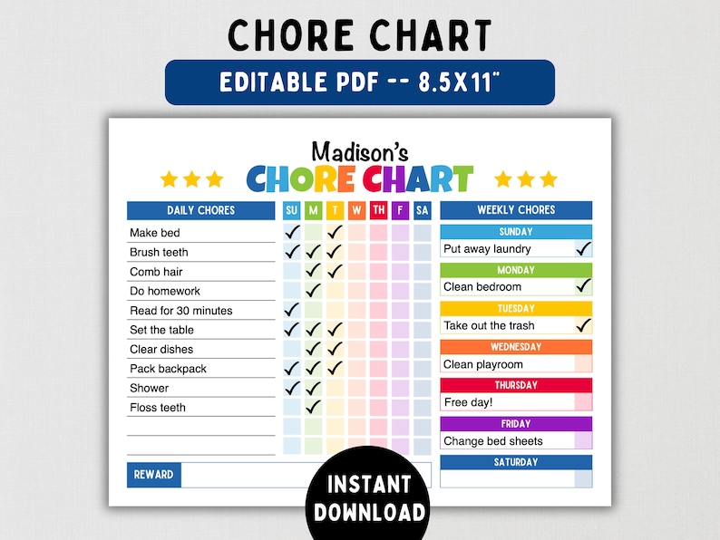 Editable Chore Chart for Kids -- Responsibility Checklist for Daily ...