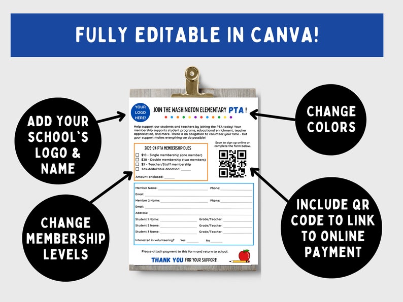 PTA / PTO Membership Form - Editable Canva Template for Member ...