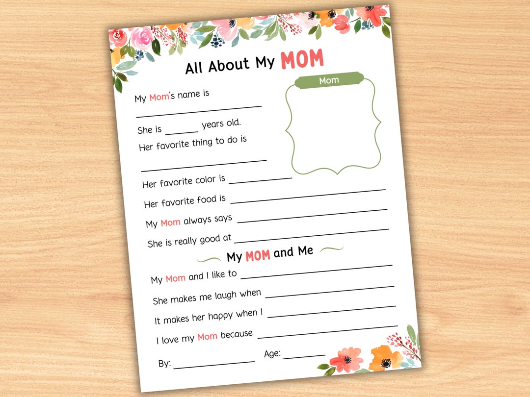 All About My Mom Floral Printable Mother's Day Questionnaire Interview ...