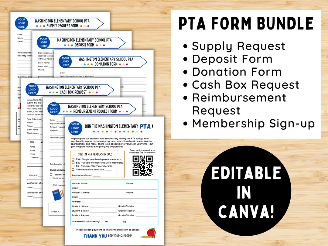 PTA / PTO Essential Forms Bundle Editable Canva Template Membership ...