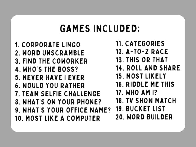 20 Office Party Games Bundle Printable Work Party Games Team Building Games Staff Games Team ...