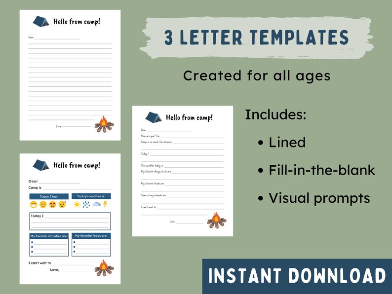 Blue Printable Letter From Camp Kids Overnight Camp Notes Sleepaway ...