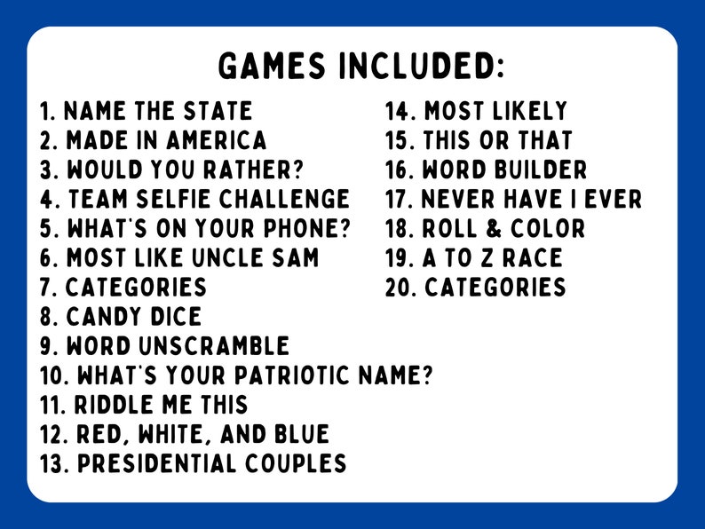 4th of July Party Games Printable July 4th Games Patriotic Games for ...