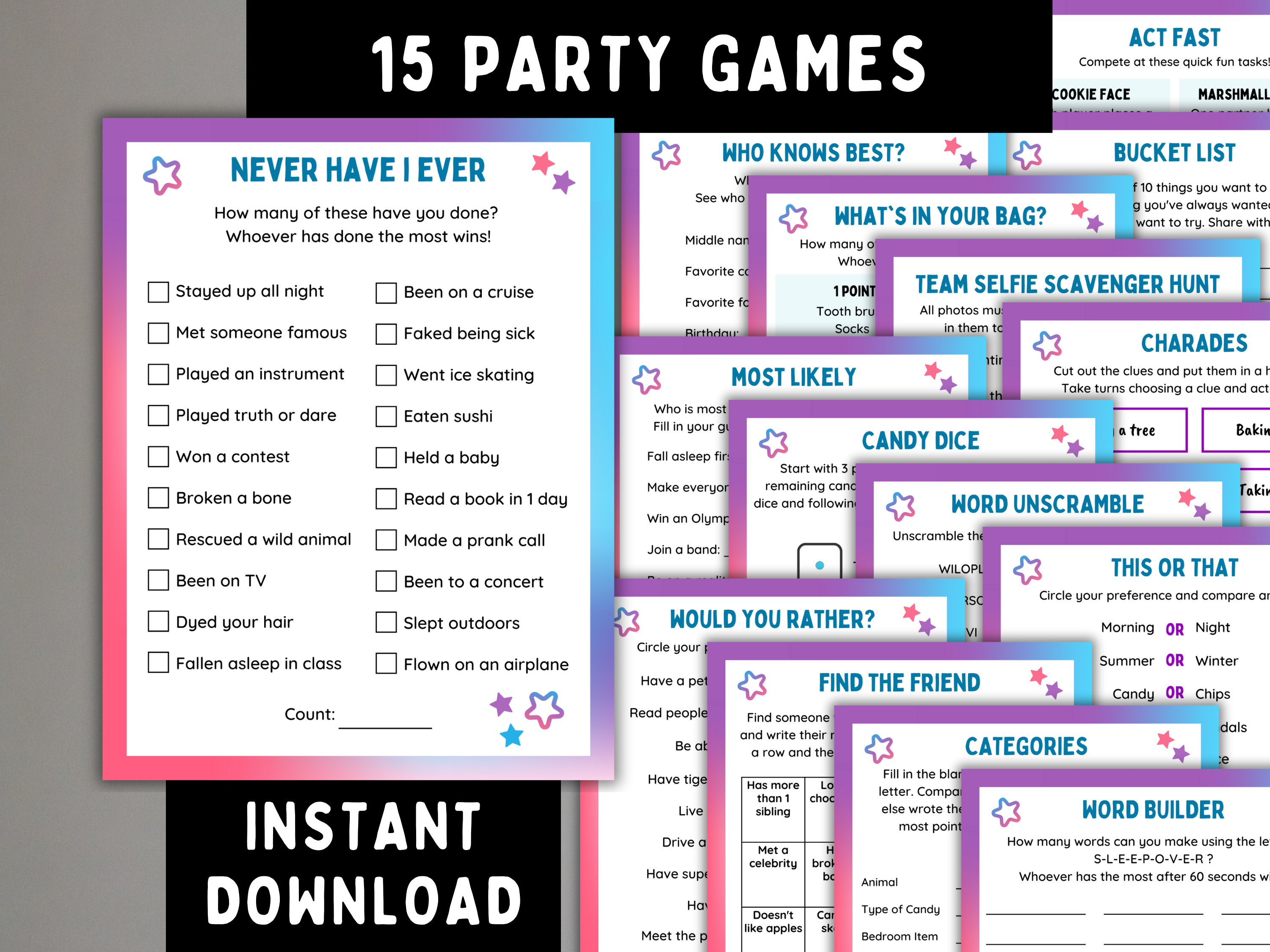 Kids Party Games, Printable Sleepover Games, Birthday Party Games, Kids ...