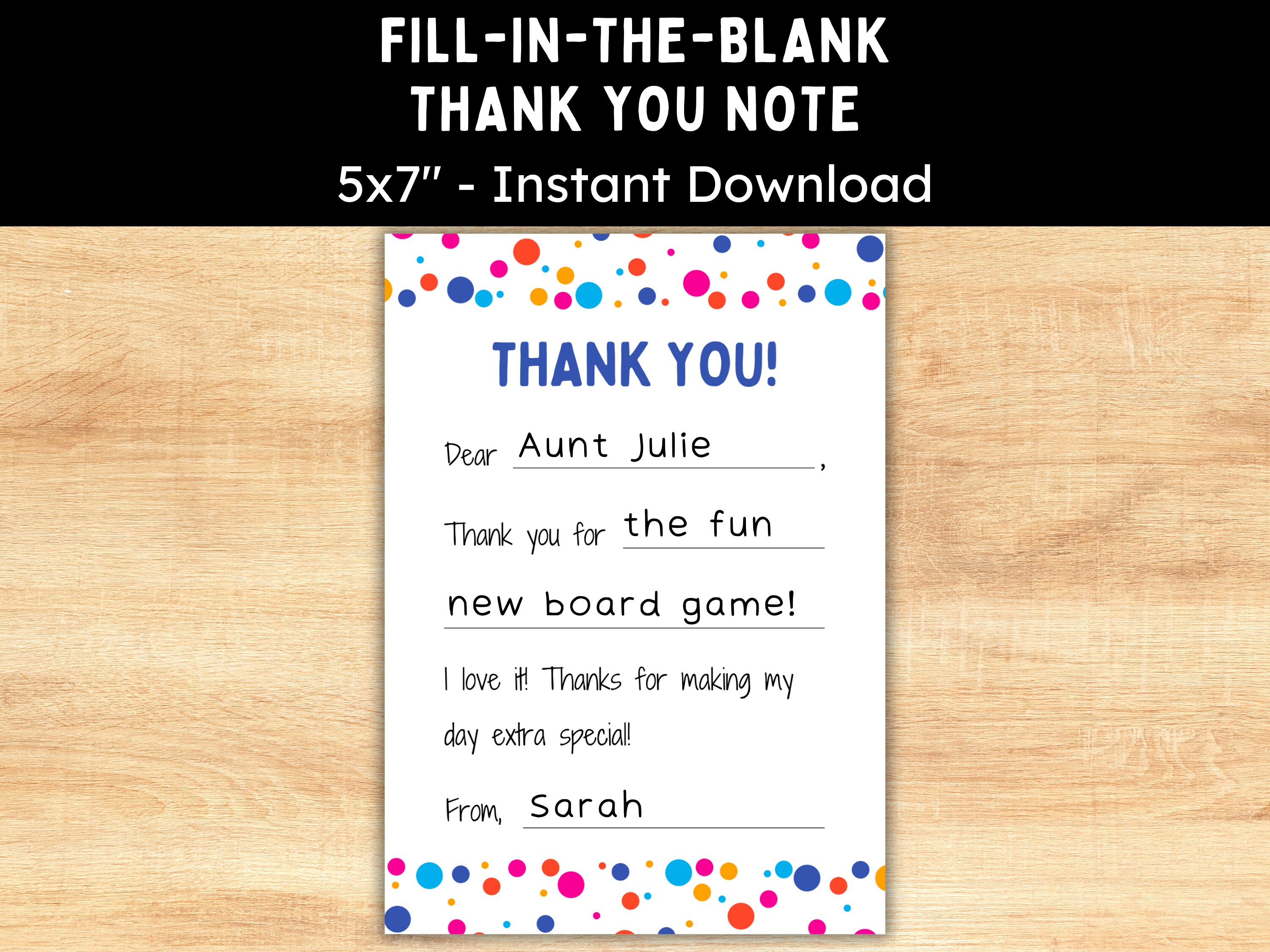 Birthday Thank You Cards for Kids Fill-in-the-blank Thank You Note ...