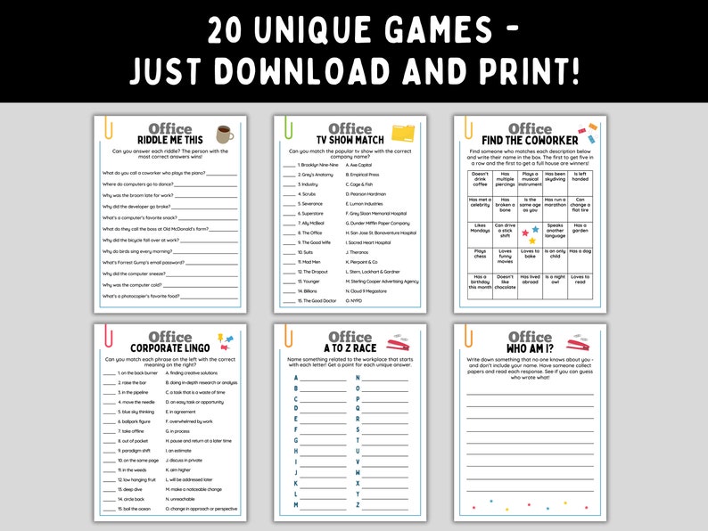 20 Office Party Games Bundle Printable Work Party Games Team Building ...