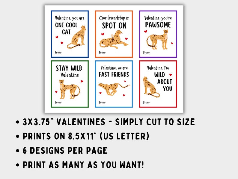 Cheetah Valentine Cards -- Printable School, Classroom and Party Favors ...
