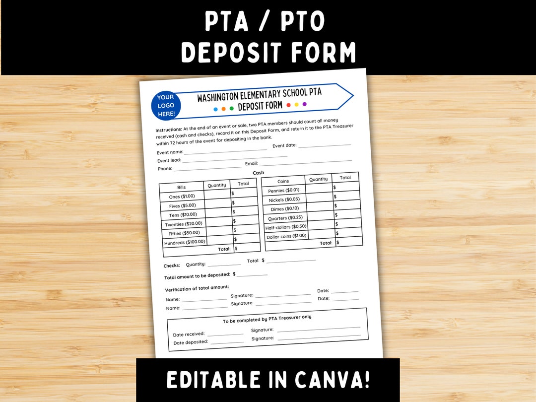 PTA / PTO Deposit Form Editable Canva Template Pto/pta Deposit Template ...
