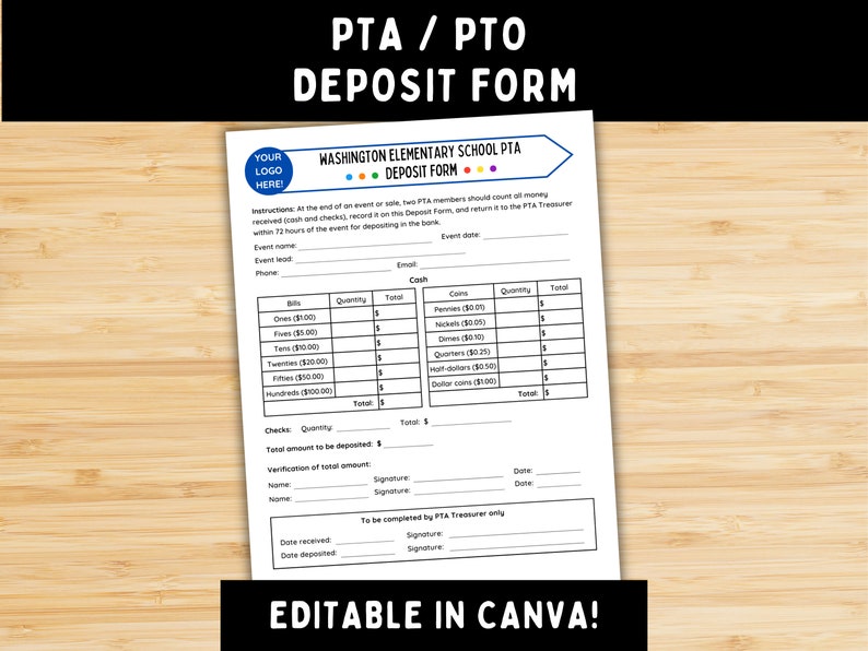PTA / PTO Deposit Form Editable Canva Template Pto/pta Deposit Template ...