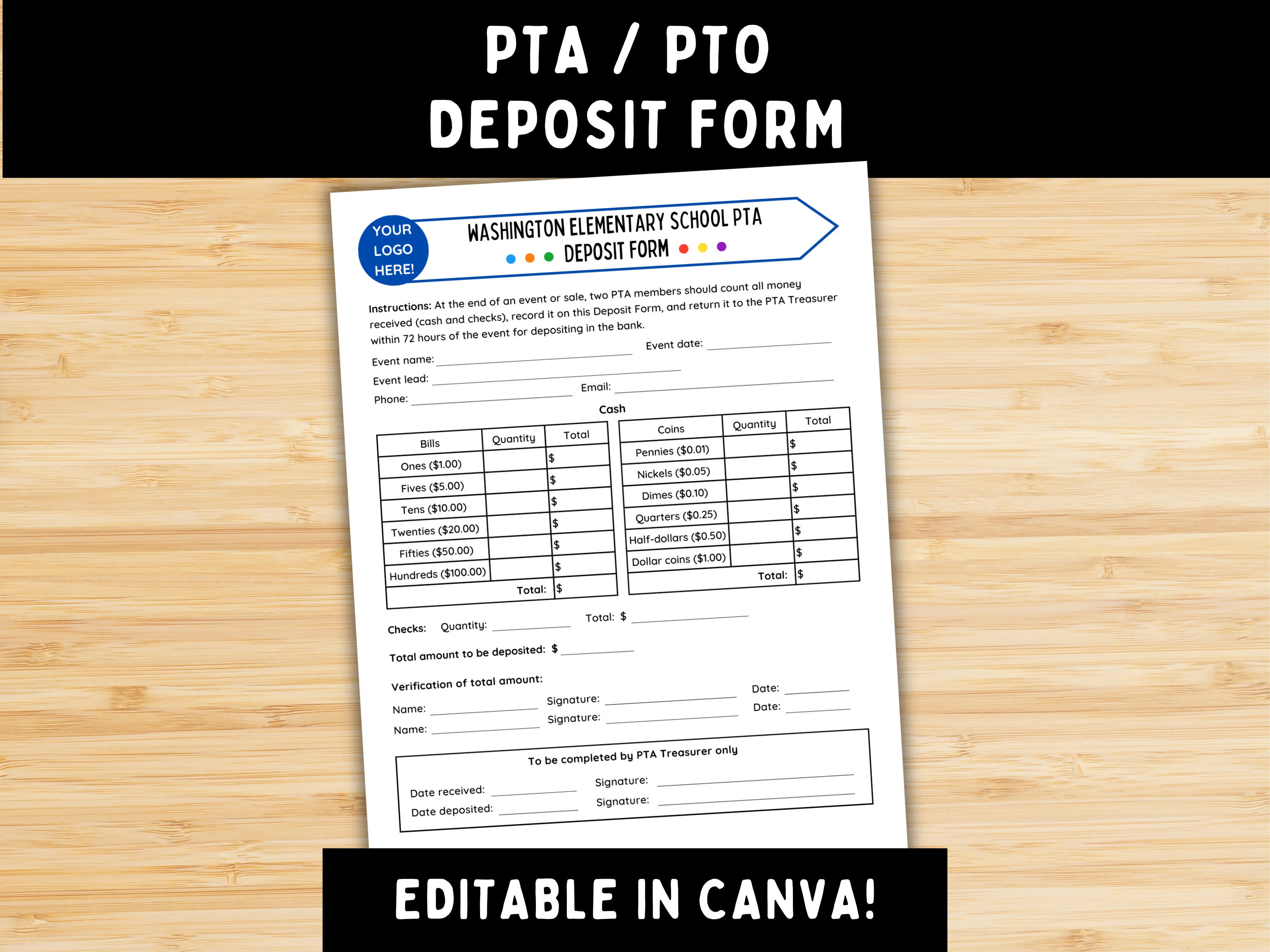 PTA / PTO Deposit Form Editable Canva Template Pto/pta Deposit Template ...