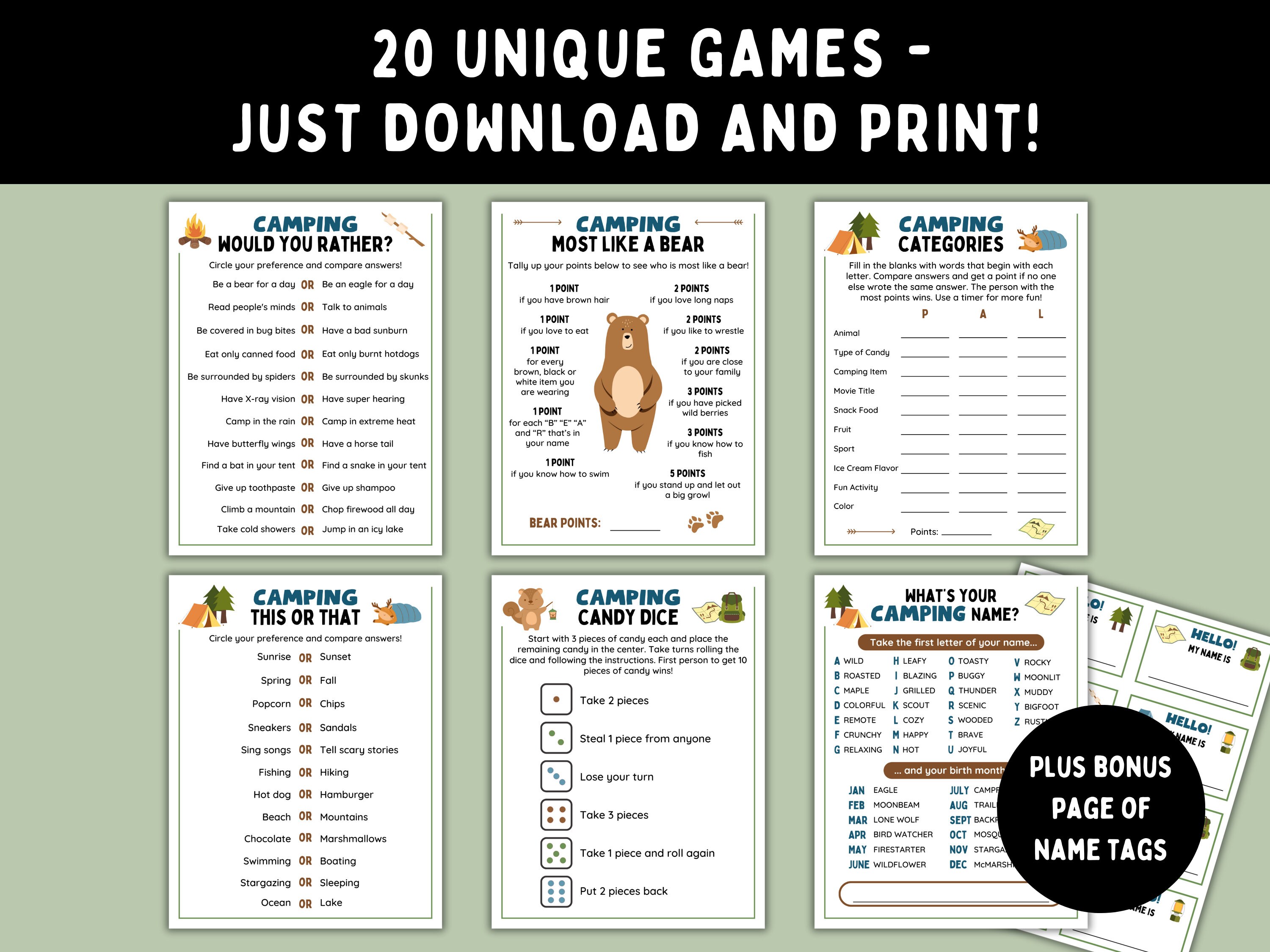 Camping-themed Party Games, Printable Camp Games, Camp Bunk Games ...