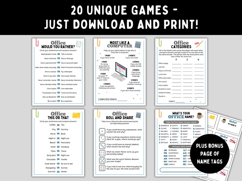 20 Office Party Games Bundle Printable Work Party Games Team Building Games Staff Games Team ...