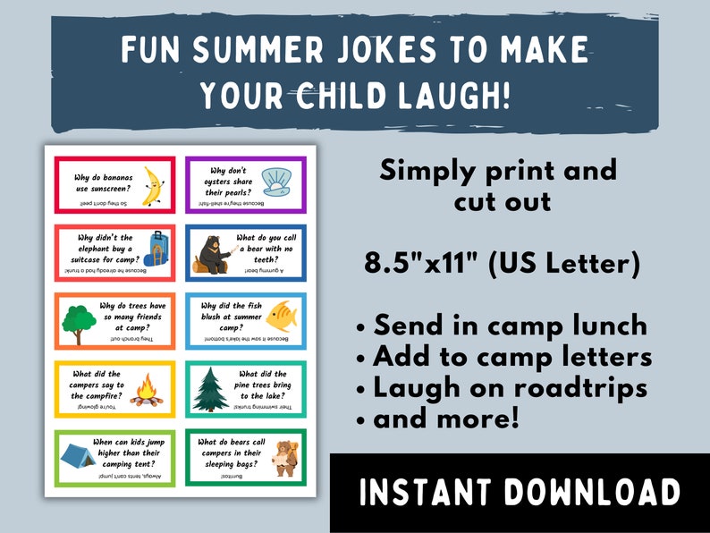 50 Summer Jokes for Kids Printable Lunchbox Jokes Camp Lunchbox Notes ...