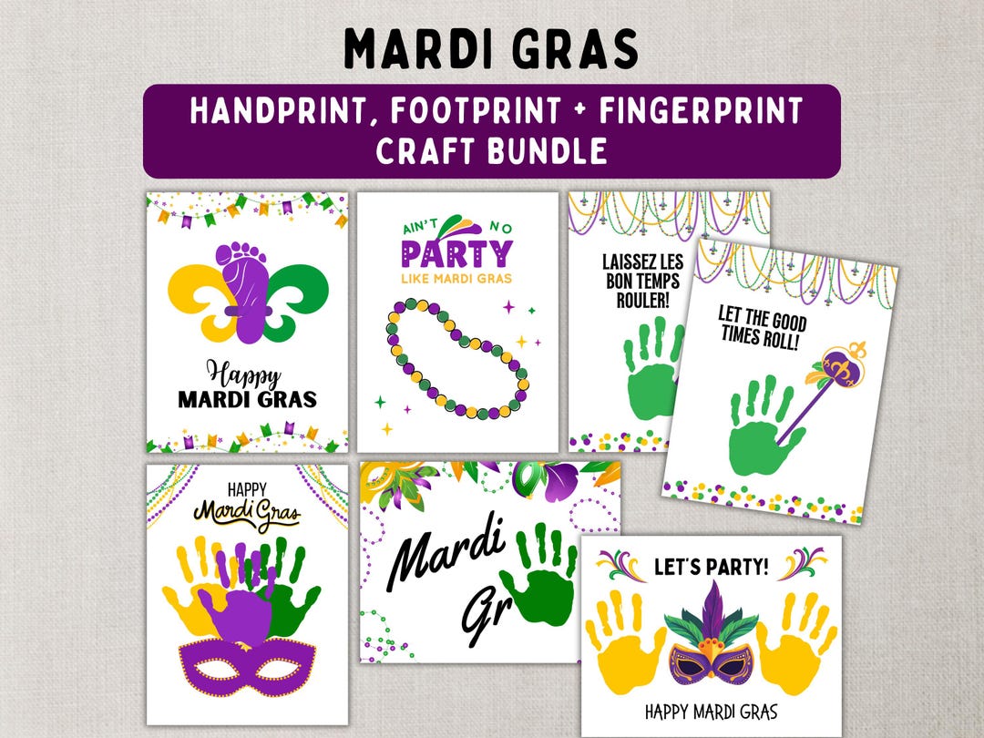 Mardi Gras Handprint, Footprint & Fingerprint Craft Bundle Printable ...