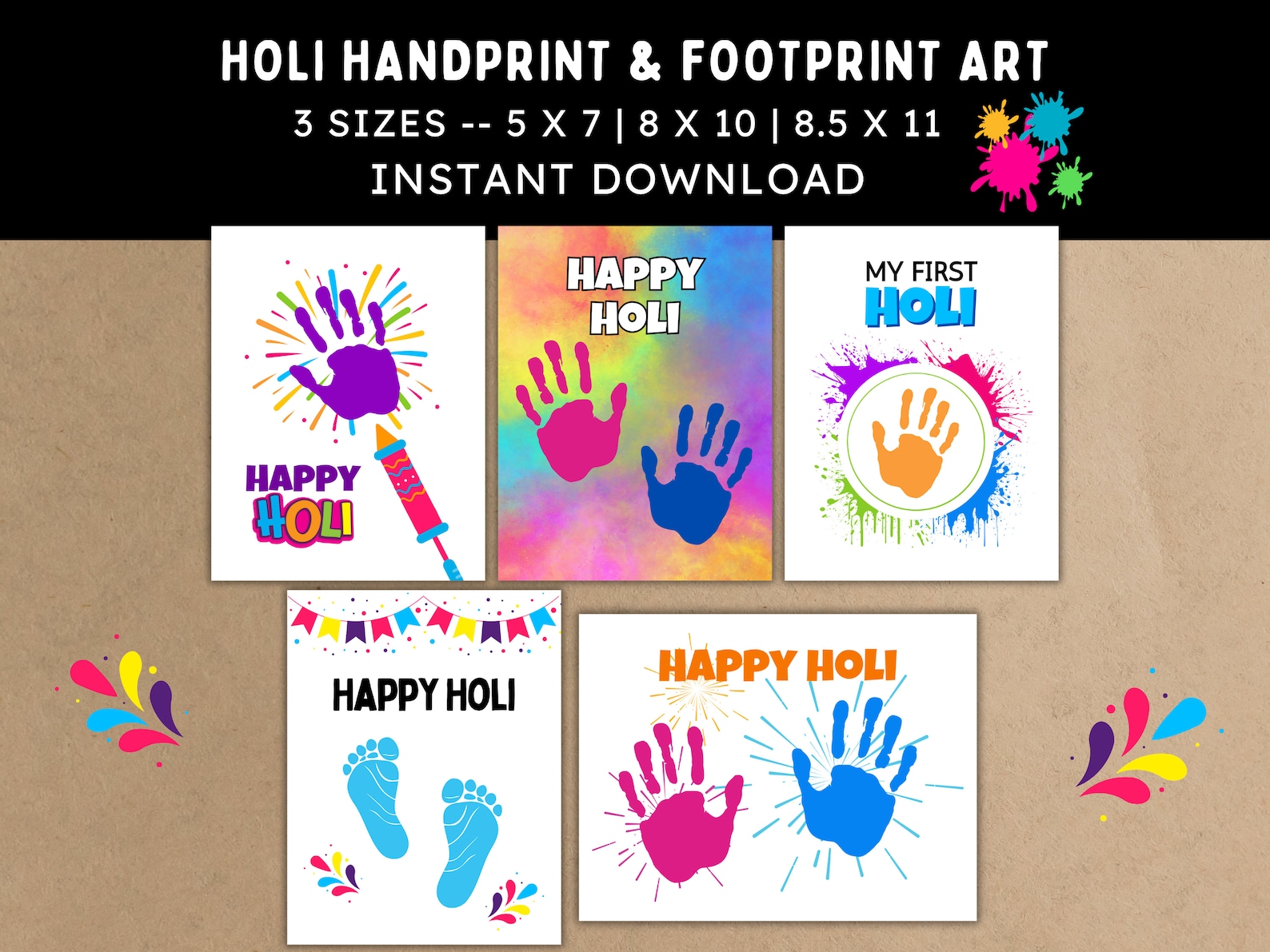 5 Holi Handprint and Footprint Craft Bundle -- Printable DIY Art ...