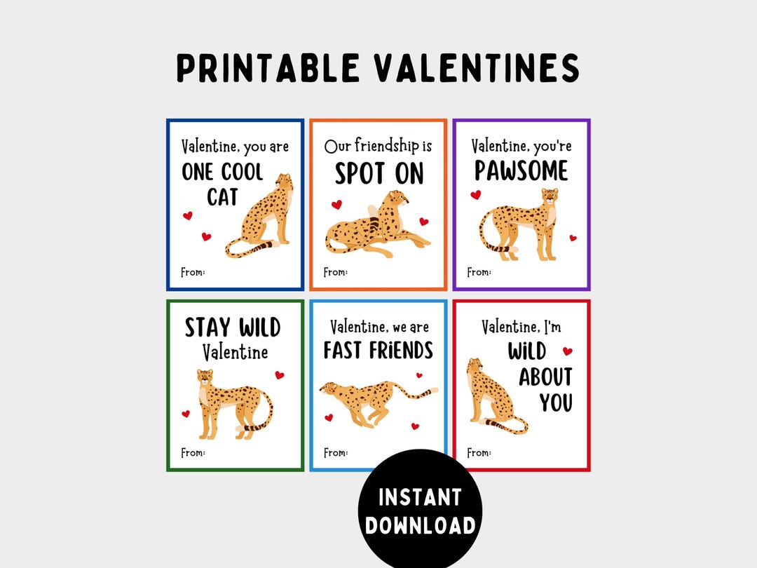 Cheetah Valentine Cards -- Printable School, Classroom and Party Favors ...