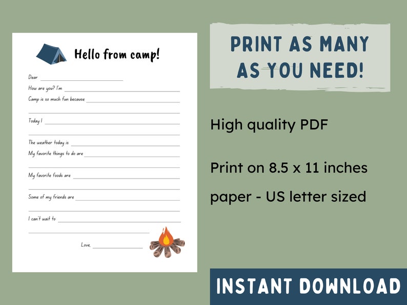 Blue Printable Letter From Camp Kids Overnight Camp Notes Sleepaway ...