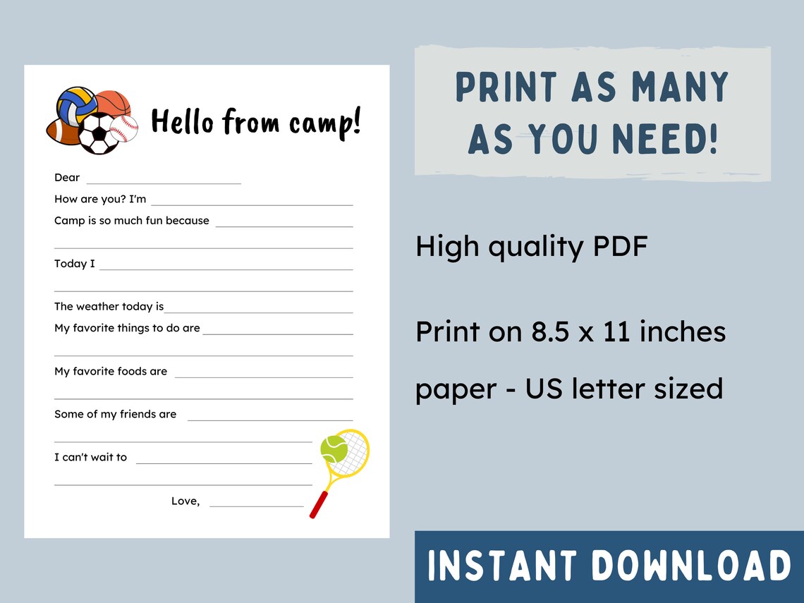 Sports Printable Letter From Camp Kids Overnight Camp Notes Sleepaway ...