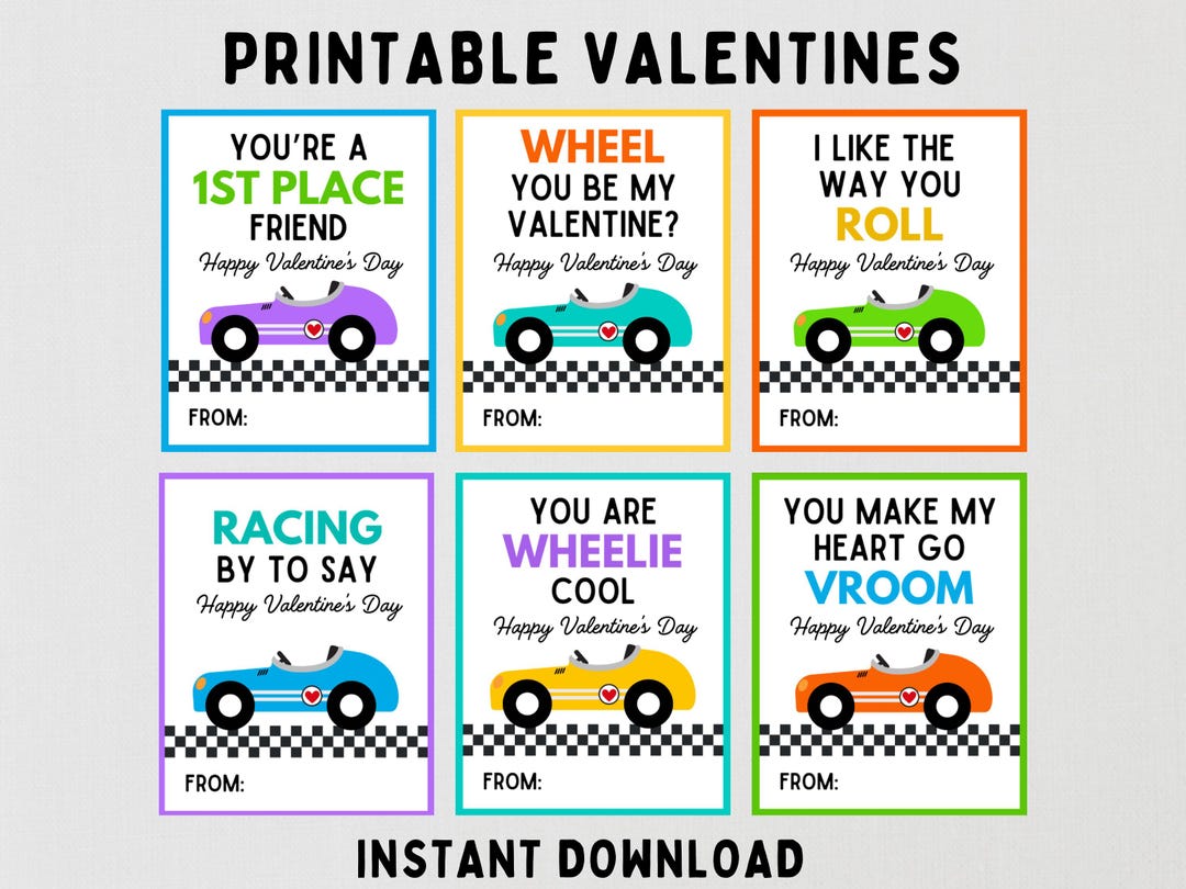 Race Car Valentine Cards -- Printable Racing Valentines for Classroom ...