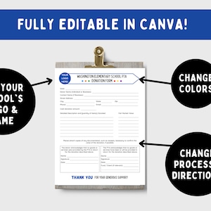 PTA / PTO Donation Form -- Editable Canva Template to Manage Gifts & Contributions to School ...