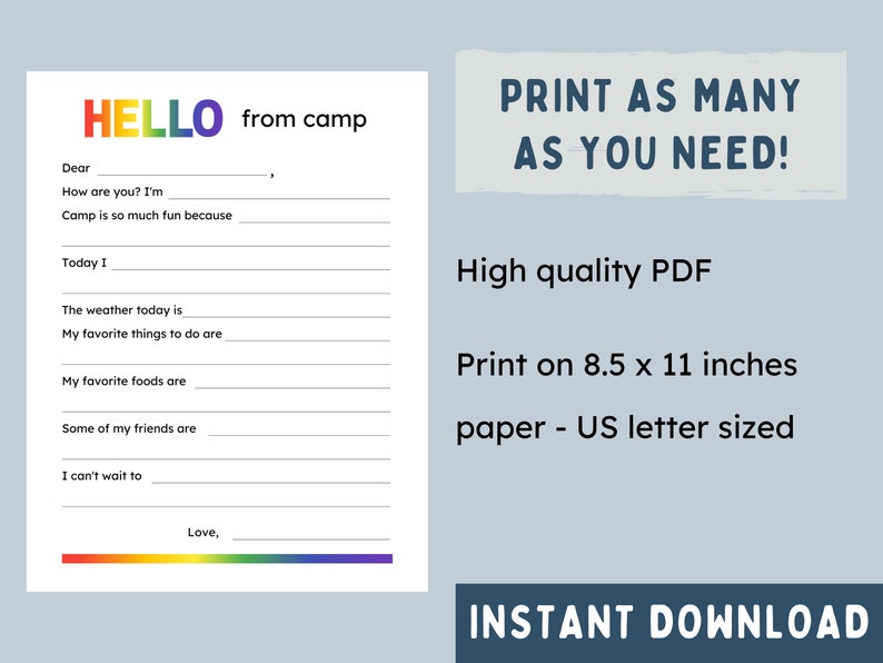 Rainbow Printable Letter From Camp Kids Overnight Camp Notes Sleepaway ...