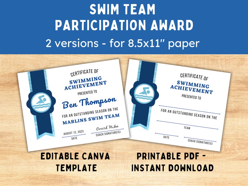 Swim Team Participation Certificates -- Printable Awards to Celebrate ...