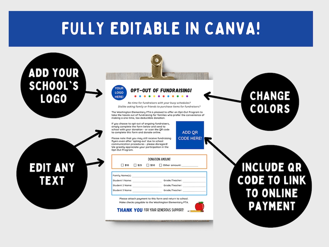 PTA / PTO Fundraising Opt-out Form - Editable Canva Template - Pto/pta ...