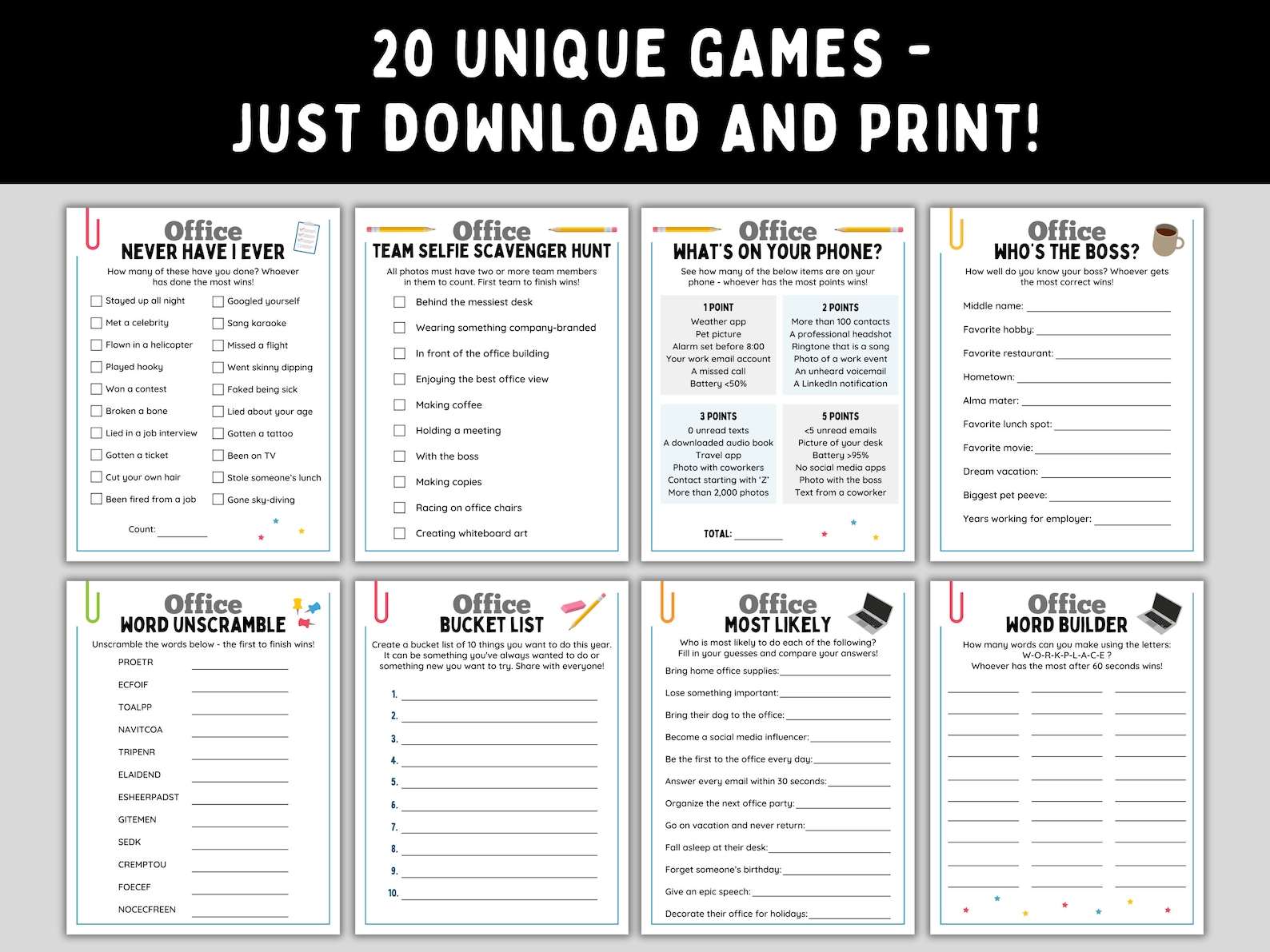 20 Office Party Games Bundle Printable Work Party Games Team Building ...