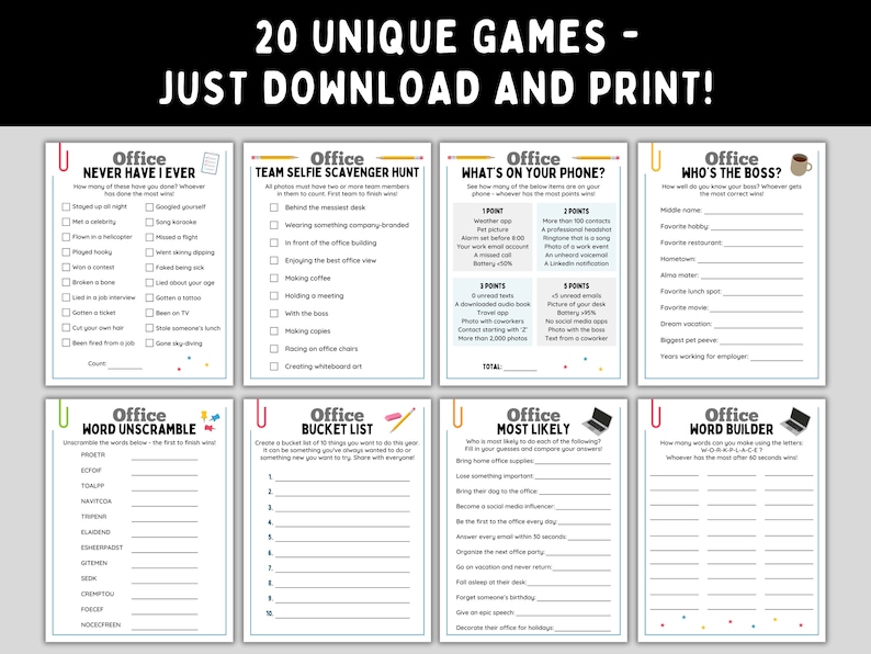 20 Office Party Games Bundle Printable Work Party Games Team Building ...