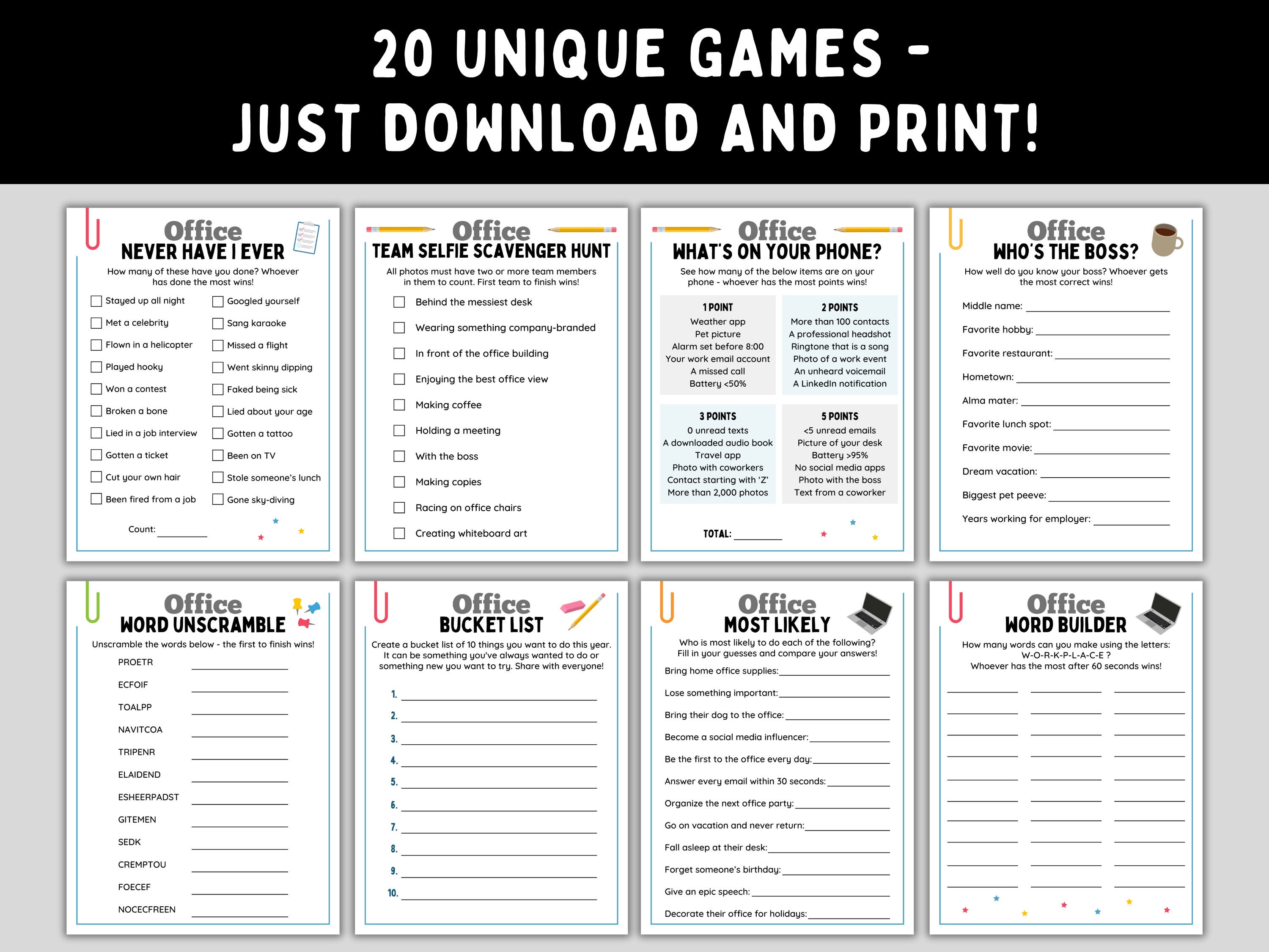 20 Office Party Games Bundle - Printable Team Building Games for Work ...
