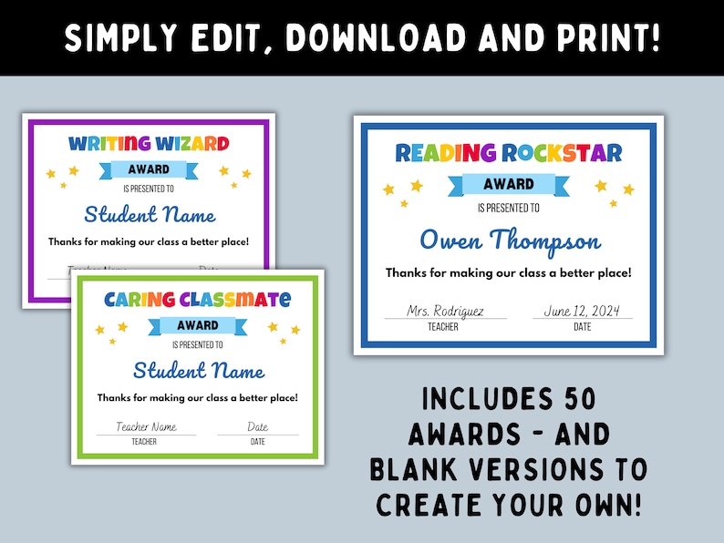 Editable Classroom Awards -- Customizable End of Year Student ...