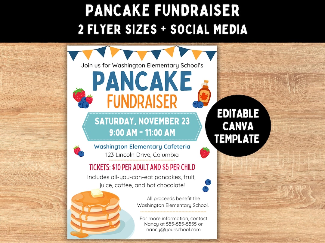 Pancake Fundraiser Flyer -- Breakfast Invitation for School, PTO, PTA ...
