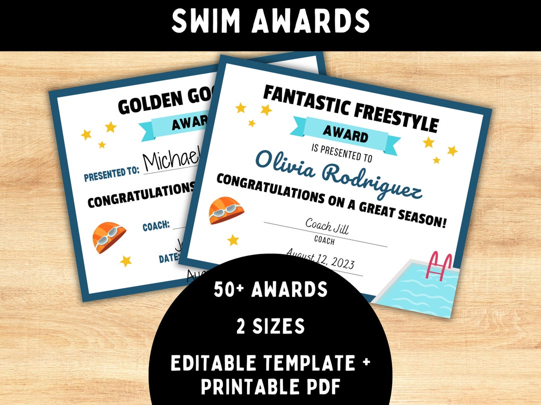 Swim Team Awards Customizable Superlative Certificates for End of ...