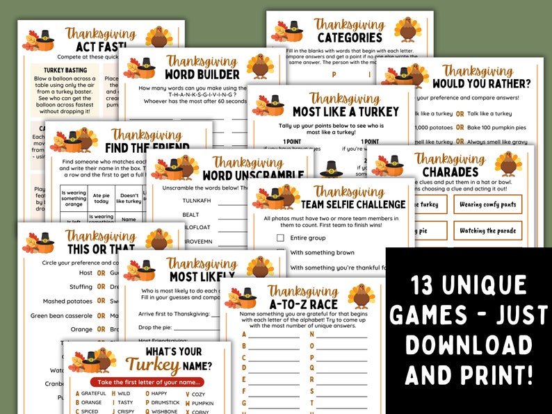 Thanksgiving Party Games -- Printable Turkey Day Activities for Kids or ...