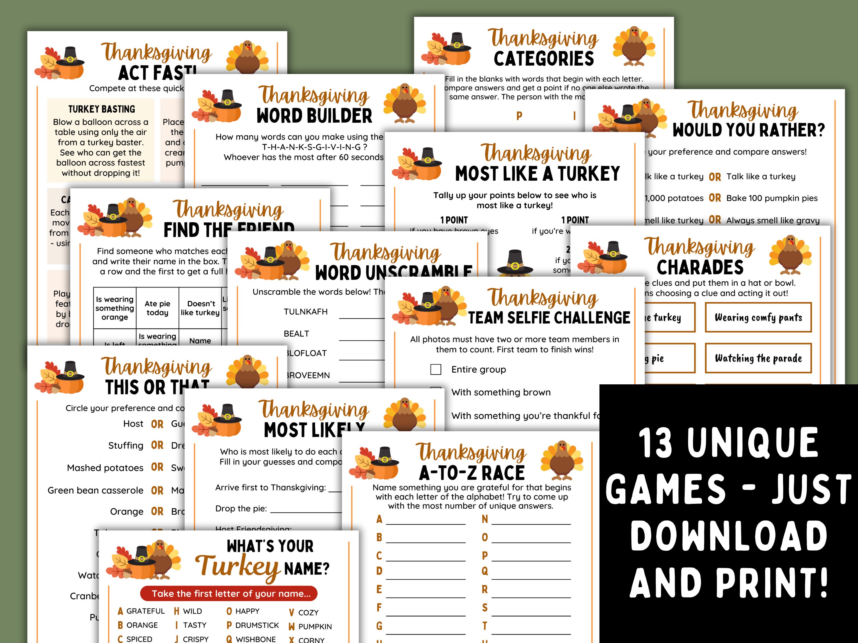 Thanksgiving Party Games -- Printable Turkey Day Activities for Kids or ...