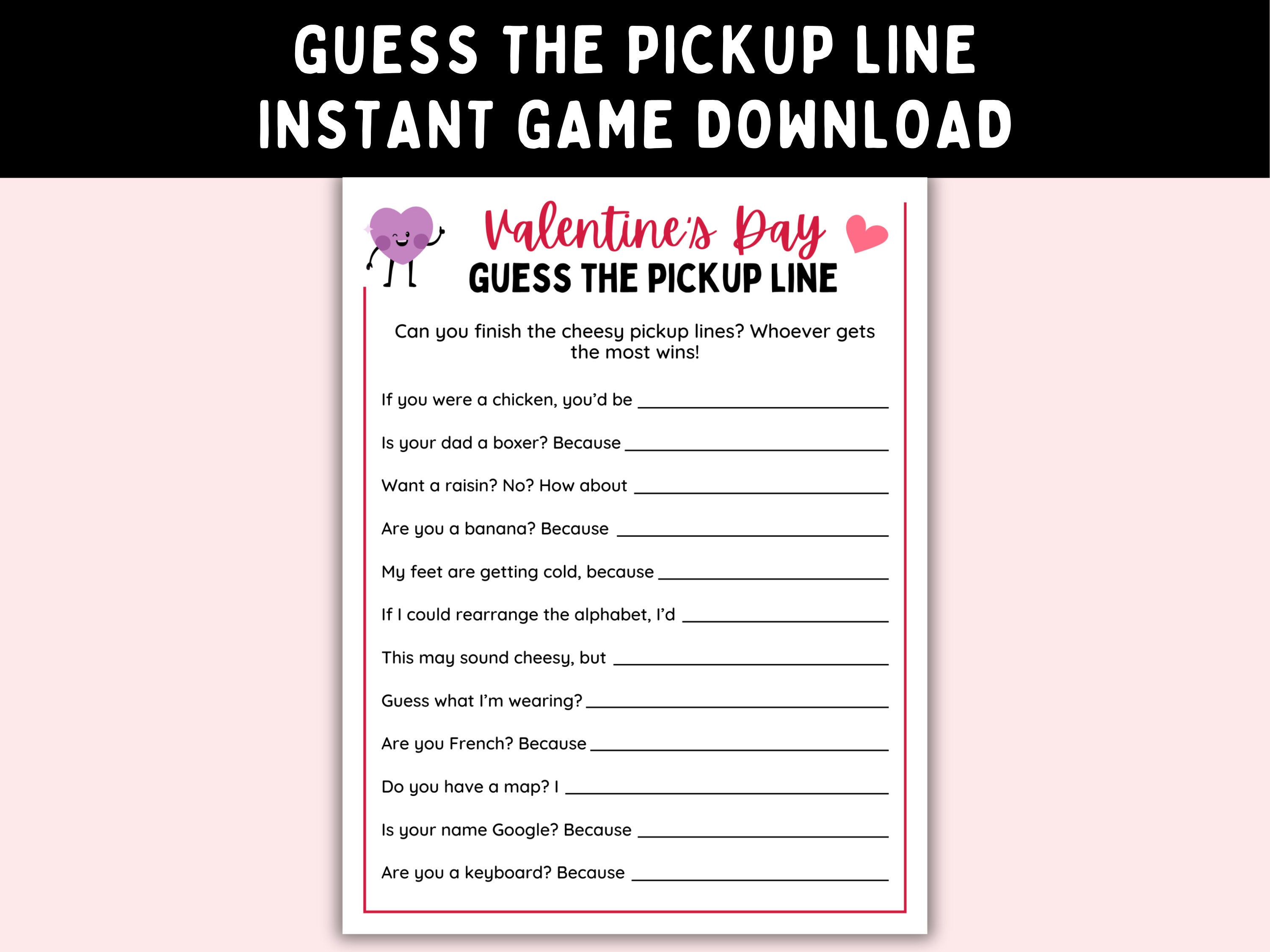 Guess the Pickup Line Game -- Printable Valentines Party Activity for ...
