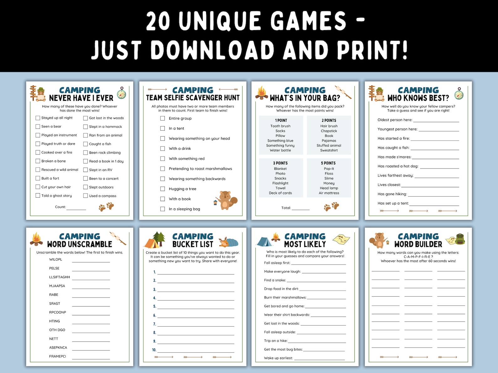Camping-themed Party Games, Printable Camp Games, Camp Bunk Games ...