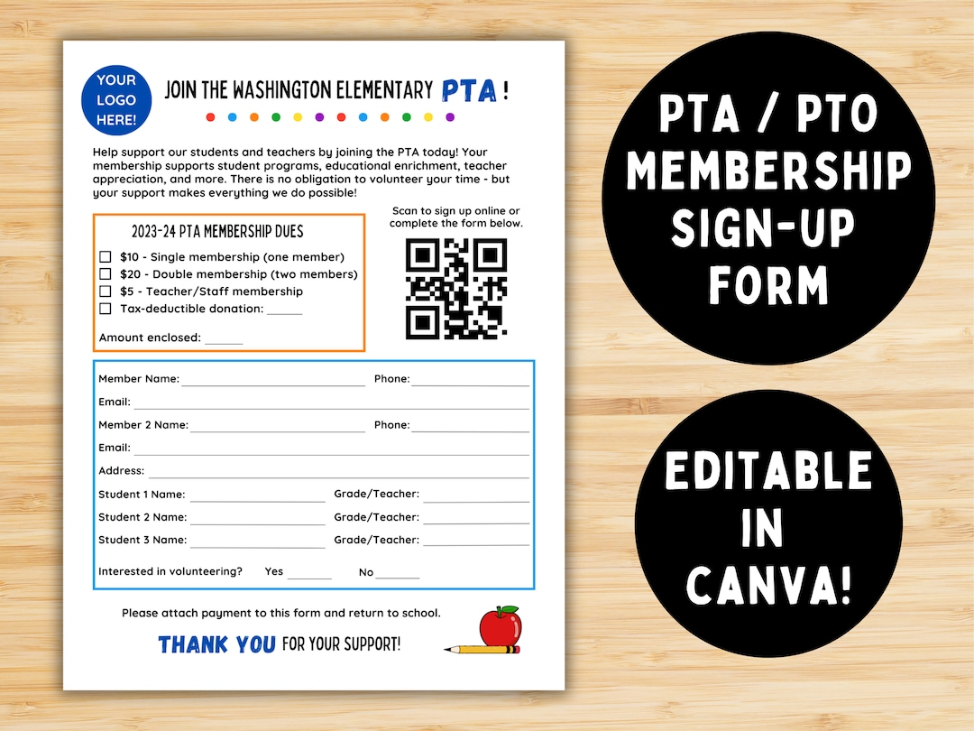 PTA / PTO Membership Form Editable Canva Template Pto/pta - Etsy