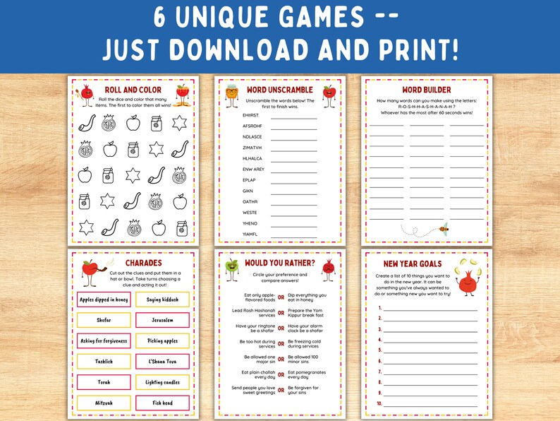 6 Rosh Hashanah Games -- Printable Jewish New Year Activities -- Rosh ...