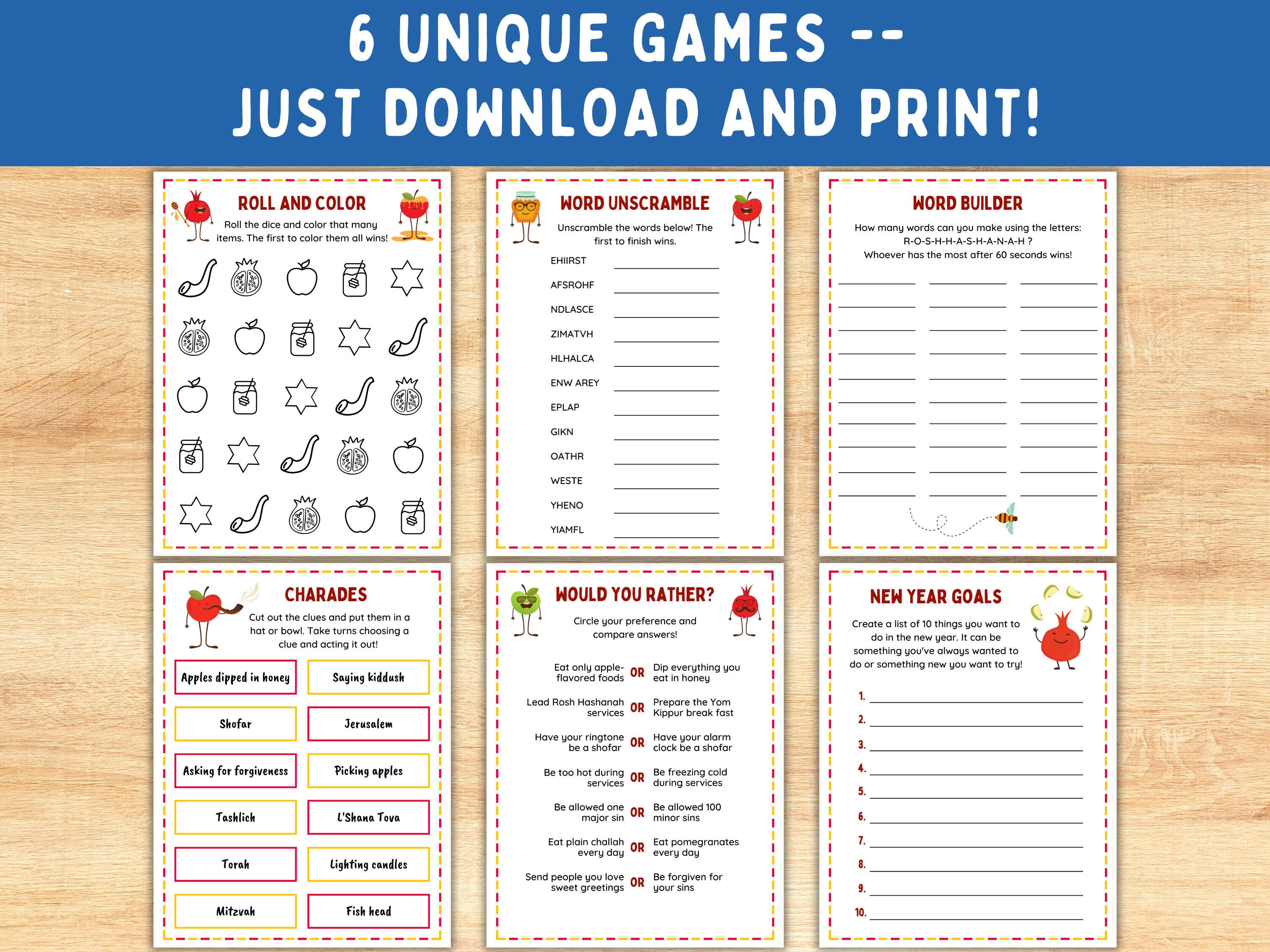 6 Rosh Hashanah Games -- Printable Jewish New Year Activities -- Rosh ...