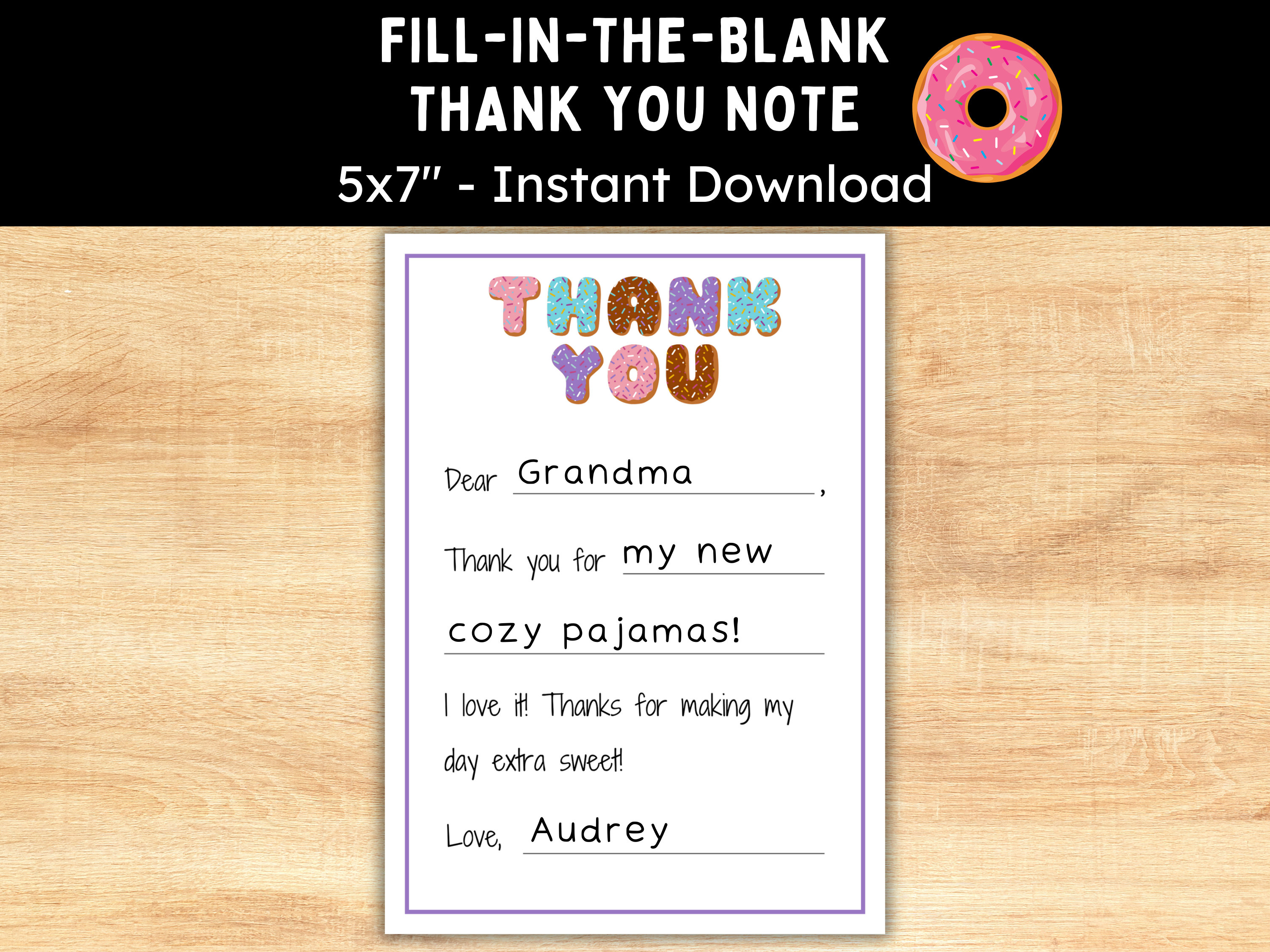 Donut Thank You Cards for Kids - Printable Fill-in-the-blank Thank You ...