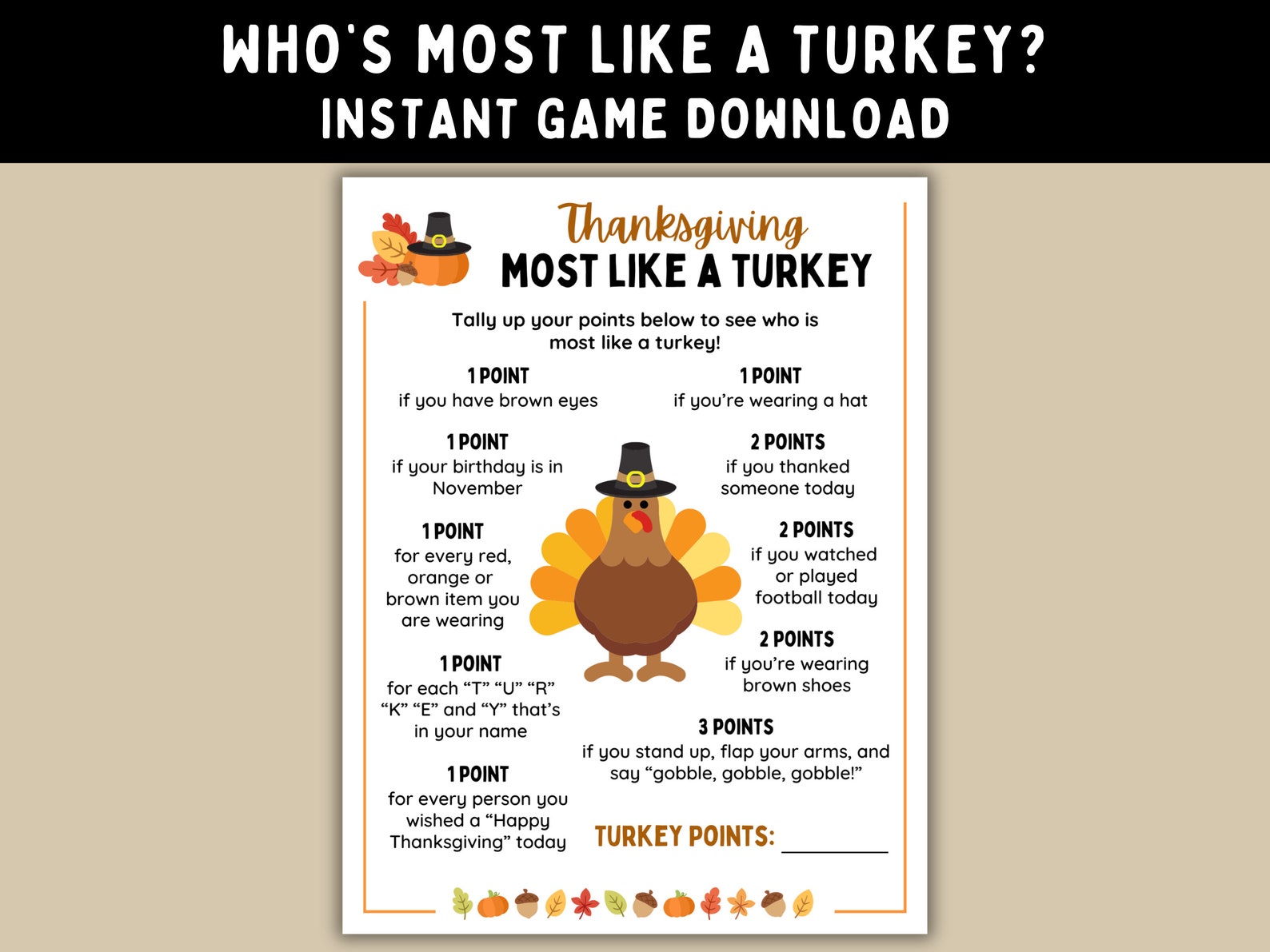 Most Like a Turkey Game -- Thanksgiving Party Games -- Printable ...