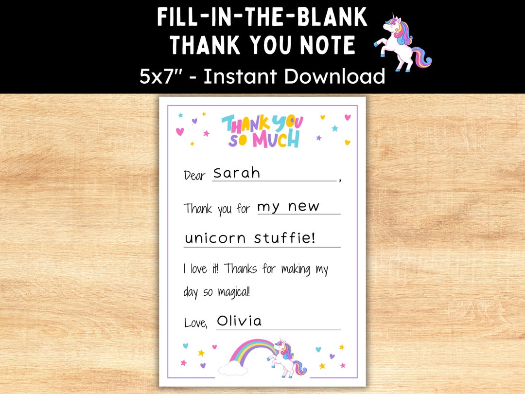 Unicorn Thank You Cards for Kids - Fill-in-the-blank Printable Thank ...