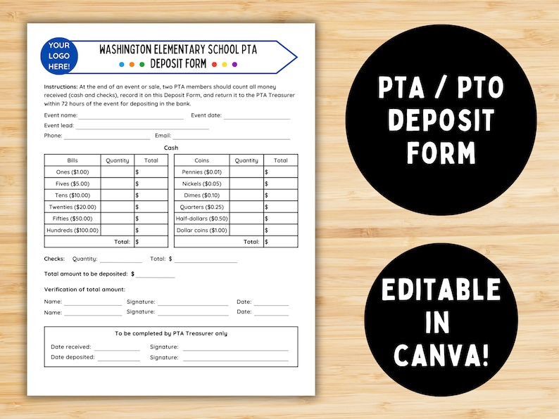 PTA / PTO Deposit Form Editable Canva Template Pto/pta - Etsy