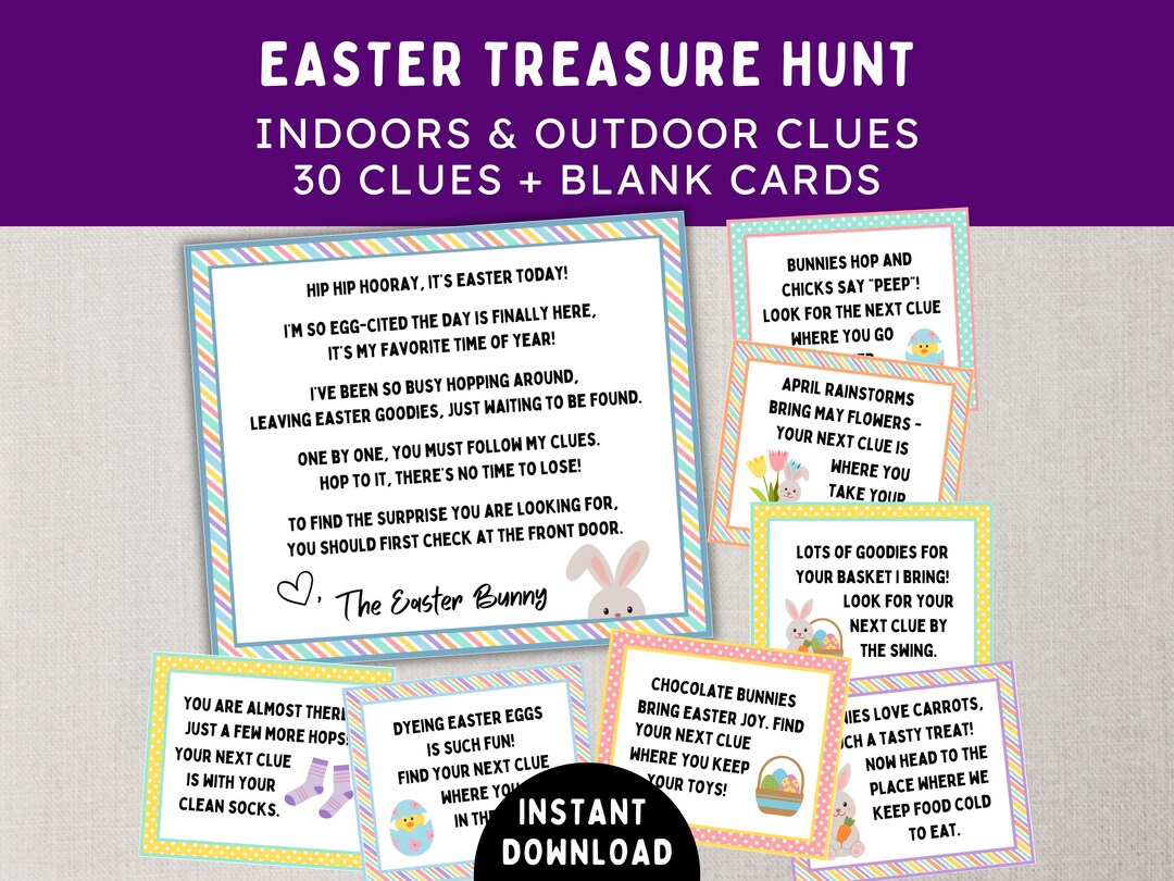 Easter Treasure Hunt - 30 Indoor & Outdoor Egg Hunt Clues ...