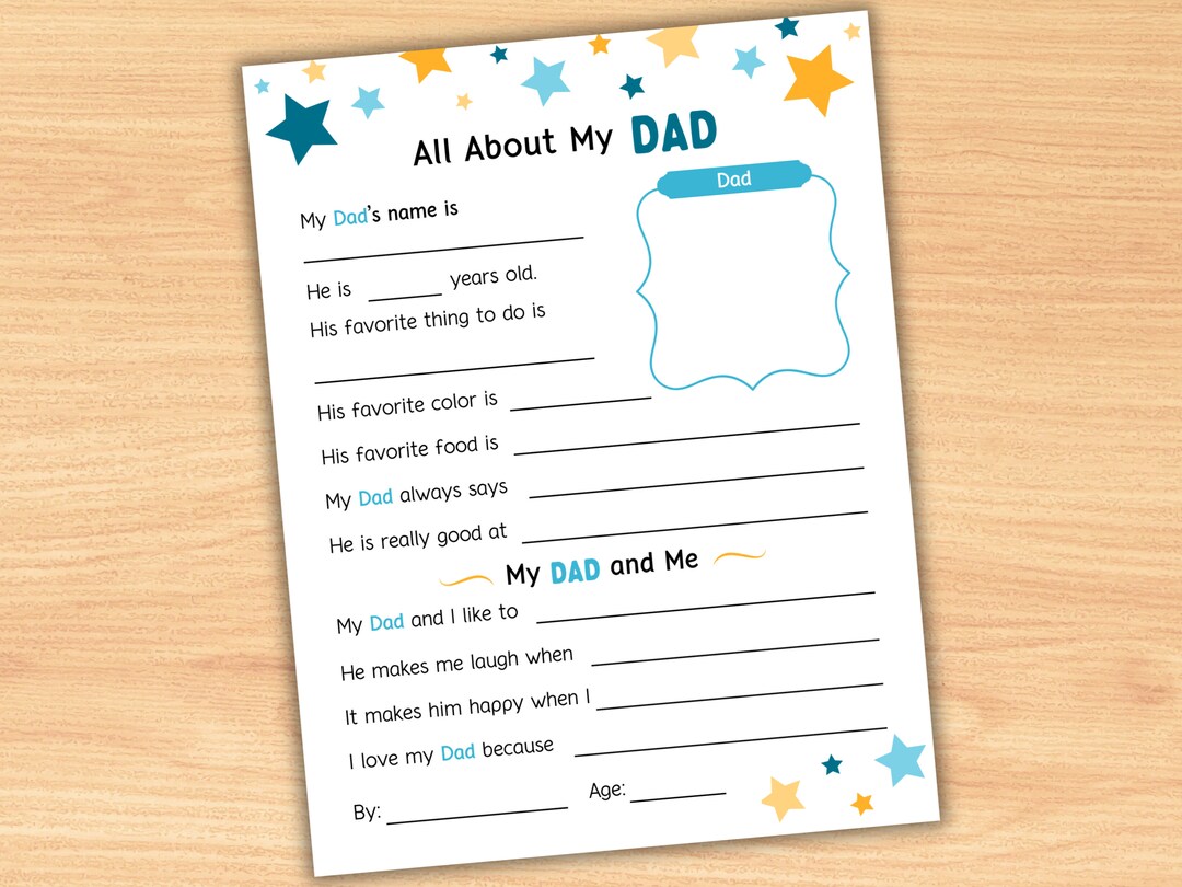 All About My Dad Printable Yellow/blue Stars Father's Day Questionnaire ...